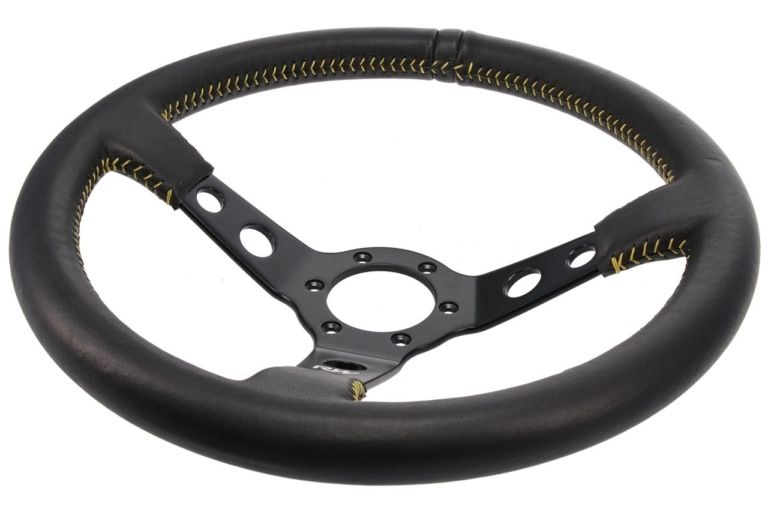 Raceworks Leather Dished Steering Wheel – Black with Yellow Stitching ...