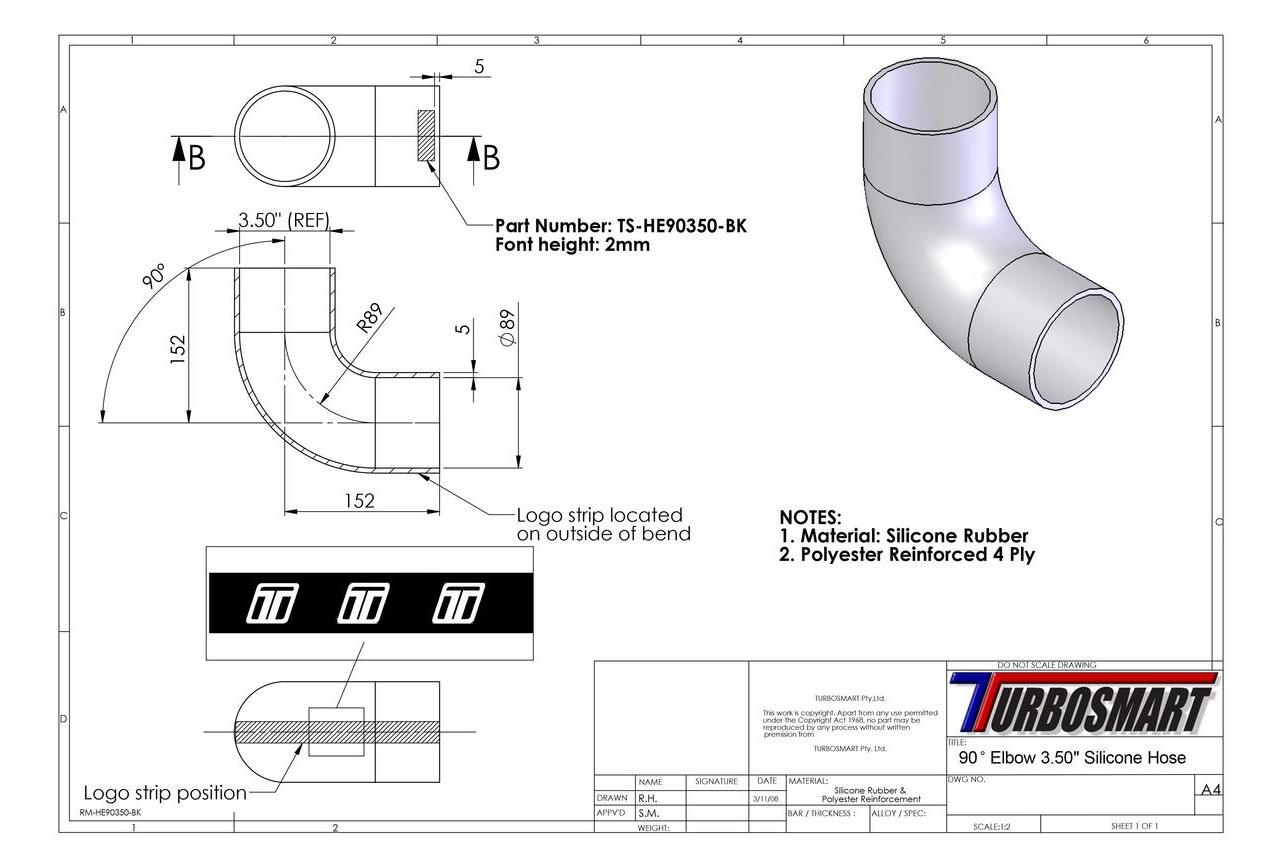 Turbosmart 3.5″ / 89mm 90 degree Silicone Elbow – Black – T.I. Performance